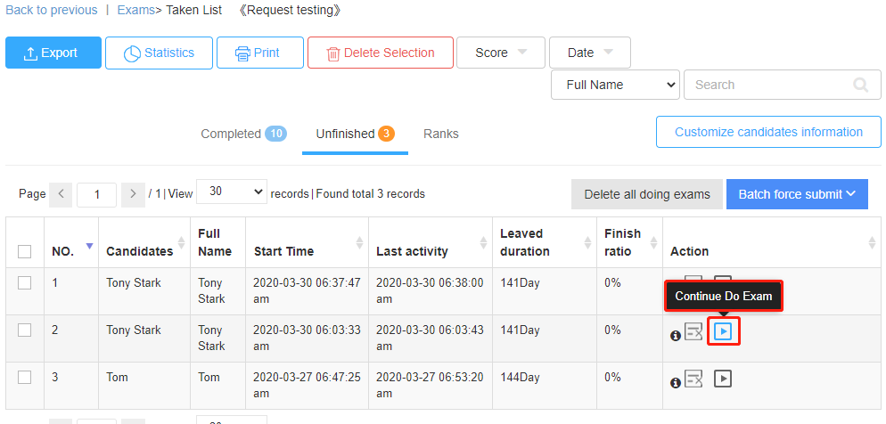 If an examinee accidentally quit the exam, how to let him take the exam ...
